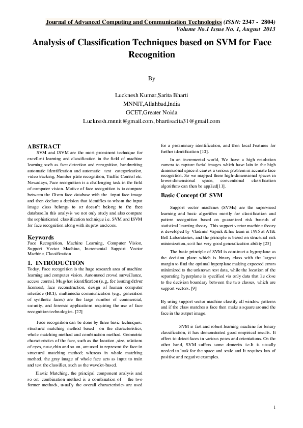 Pdf Analysis Of Classification Techniques Based On Svm For Face