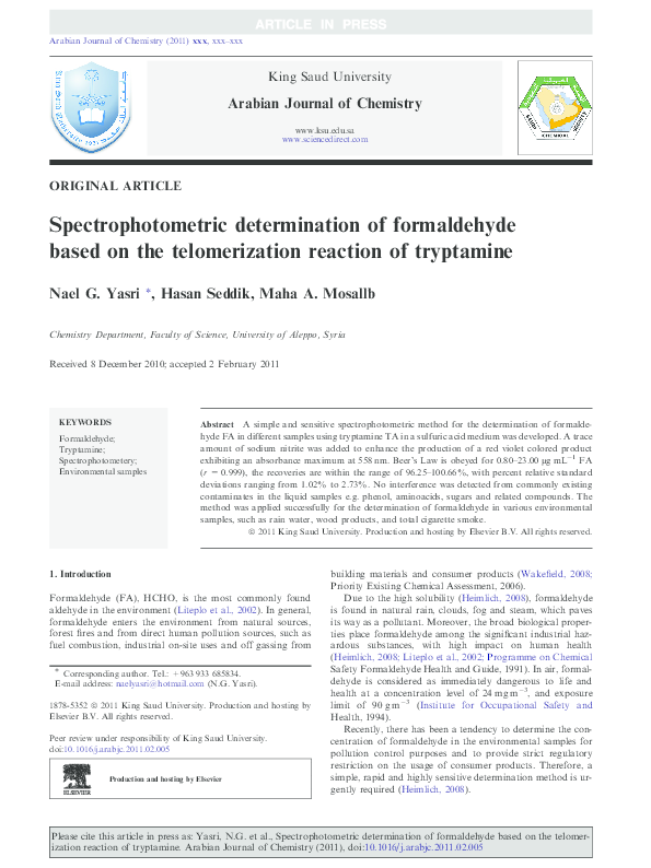 (PDF) Spectrophotometric determination of formaldehyde based on the ...