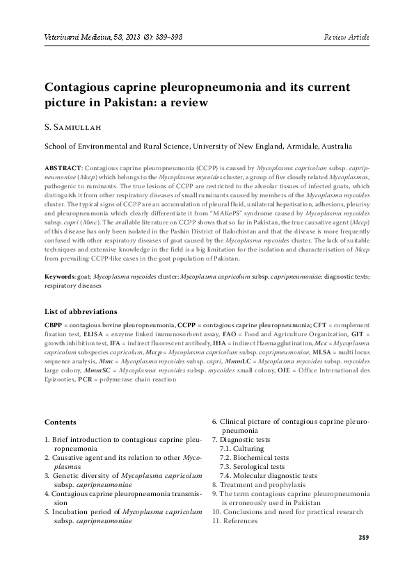 (PDF) Contagious caprine pleuropneumonia and its current picture in ...