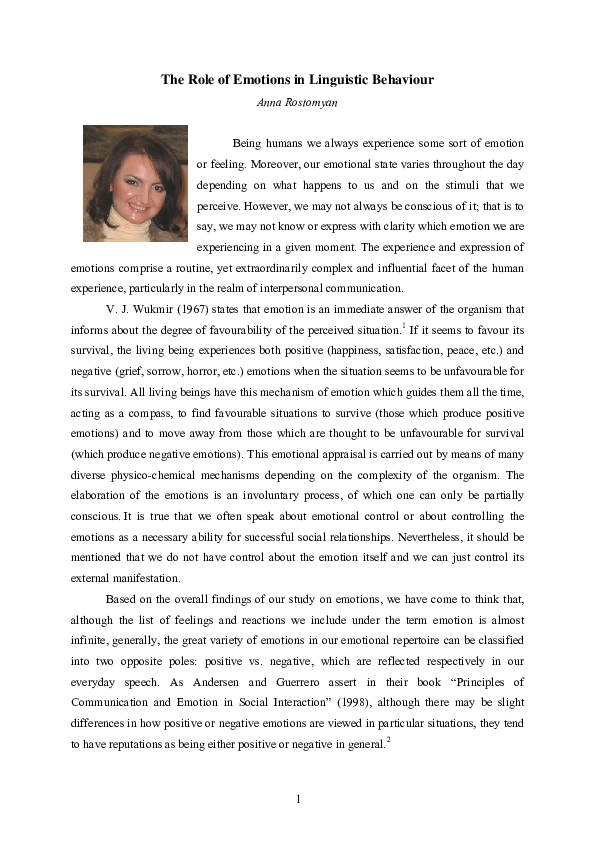 (PDF) A. A. Rostomyan, "The Role of Emotions in Linguistic Behaviour"