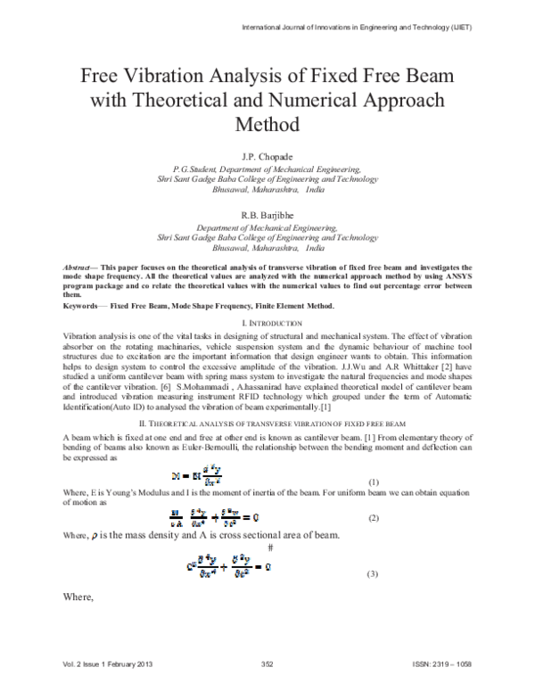 Pdf Free Vibration Analysis Of Fixed Free Beam With Theoretical And Numerical Approach Method