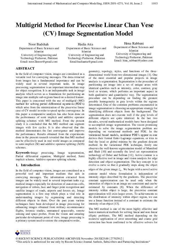 (PDF) Multigrid Method for Piecewise Linear Chan Vese (CV) Image Segmentation Model