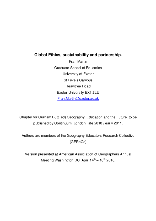 (PDF) Global Ethics, sustainability and partnership.