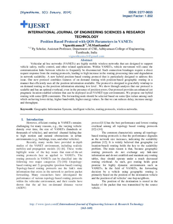 Pdf Position Based Protocol With Qos Parameters In Vanets Ijesrt Journal