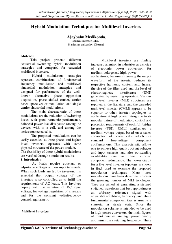 Pdf Hybrid Modulation Techniques For Multilevel Inverters