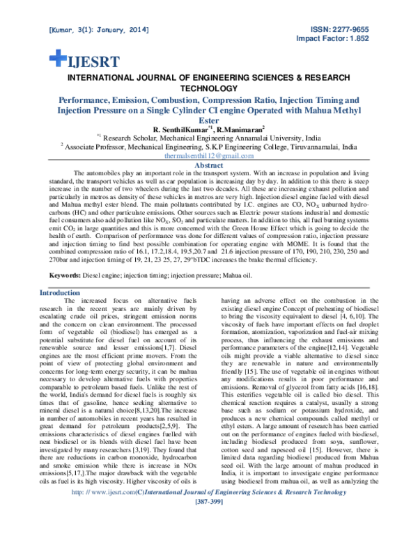 Pdf Performance Emission Combustion Compression Ratio Injection Timing And Injection