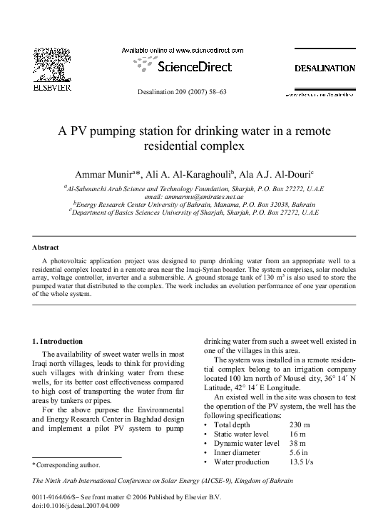 (PDF) A PV pumping station for drinking water in a remote residential ...