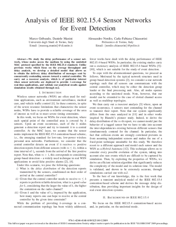 (PDF) Analysis of IEEE 802.15.4 Sensor Networks for Event Detection