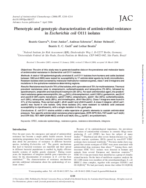 (PDF) Phenotypic and genotypic characterization of antimicrobial resistance in Escherichia coli ...