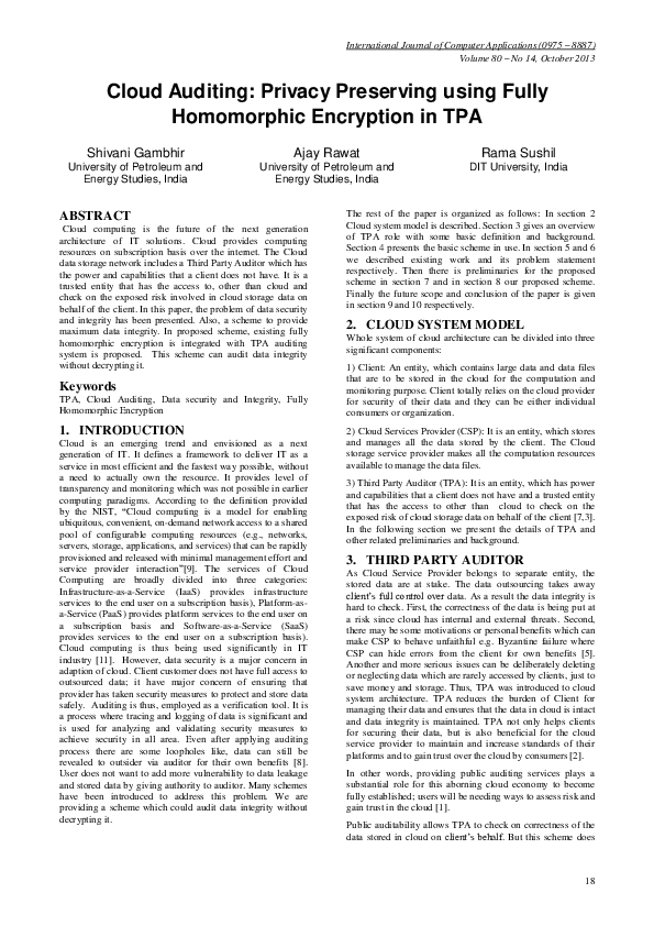 (PDF) Cloud Auditing Privacy Preserving using Fully Homomorphic ...