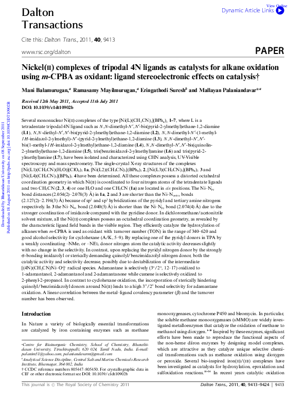 (PDF) Dalton Transactions Nickel(II) complexes of tripodal 4N ligands as catalysts for alkane ...