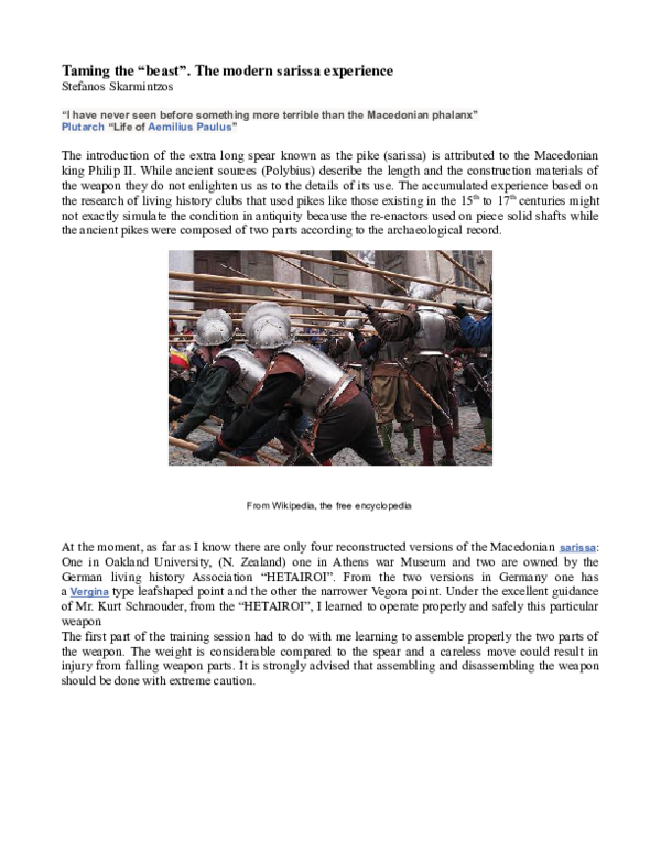 (PDF) A re-enactors experience with a reconstructed ancient pike (sarissa)