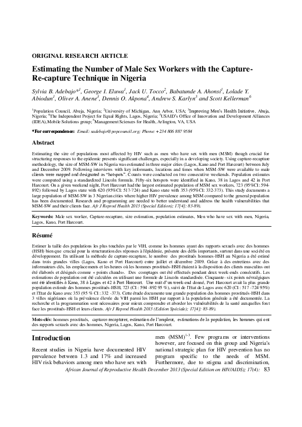 Pdf Estimating The Number Of Male Sex Workers With The Capture Re Capture Technique In Nigeria