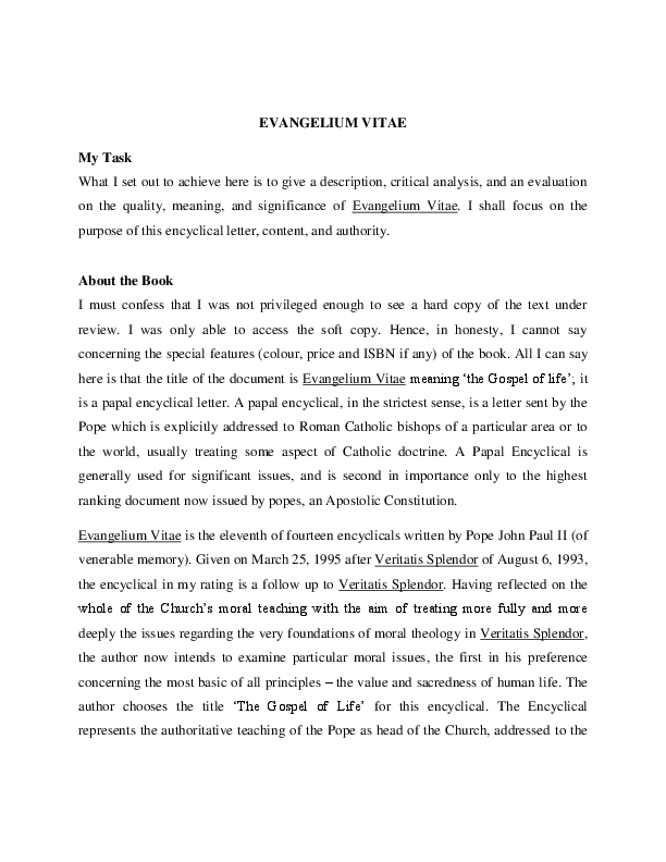 (DOC) Review of the Encyclical: "Evangelium Vitae" of John Paul II