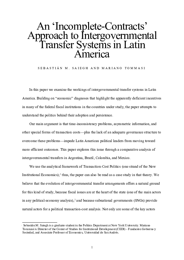 (DOC) An ‘Incomplete-Contracts’ Approach to Intergovernmental Transfer ...