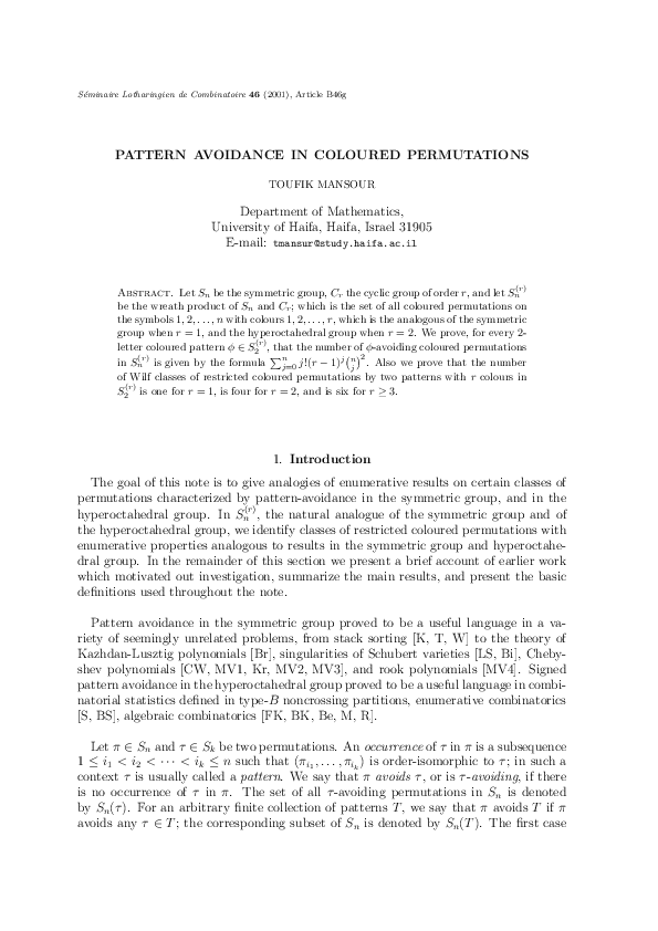 (PDF) Pattern avoidance in coloured permutations