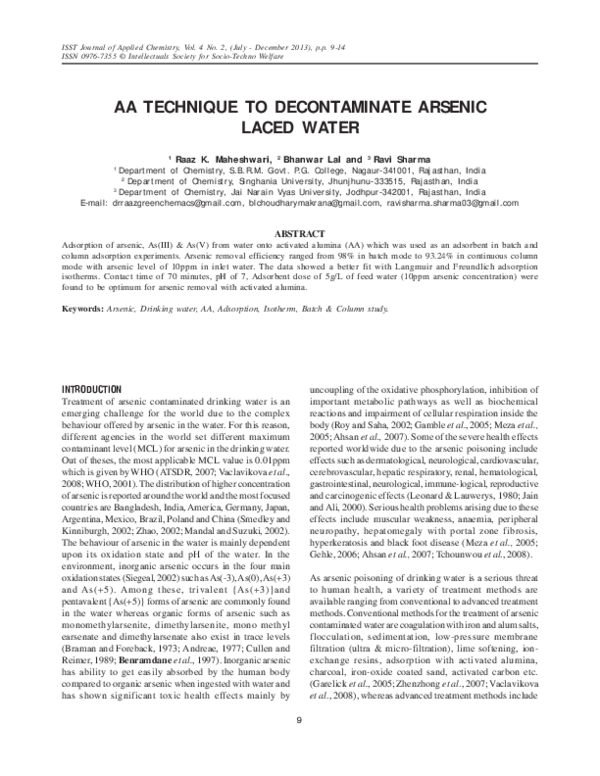 (PDF) AA TECHNIQUE TO DECONTAMINATE ARSENIC LACED WATER 1