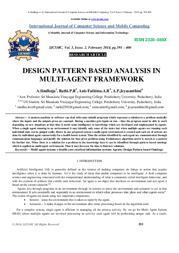 (PDF) DESIGN PATTERN BASED ANALYSIS IN MULTI-AGENT FRAMEWORK﻿ | IJCSMC ...