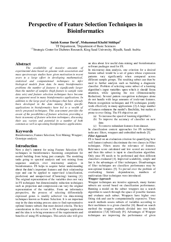 (PDF) Perspective of Feature Selection Techniques in Bioinformatics