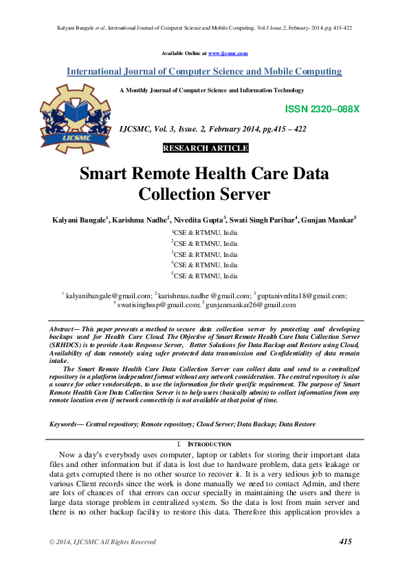 (PDF) Smart Remote Health Care Data Collection Server﻿
