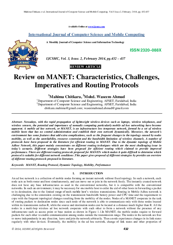 Pdf Review On Manet Characteristics Challenges Imperatives And Routing Protocols