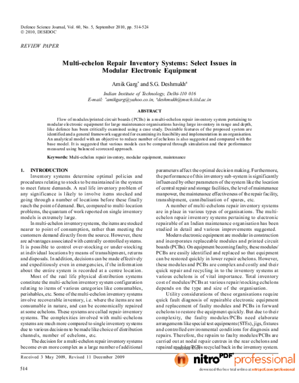 (PDF) Multi-echelon repair inventory systems: Review of select issues ...