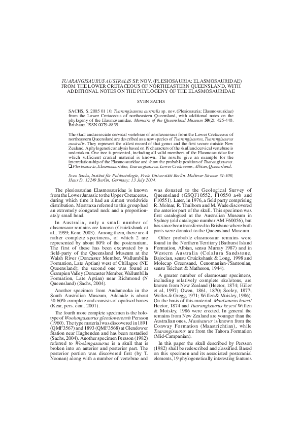 Tuarangisaurus australis sp. nov. (Plesiosauria: Elasmosauridae) from ...