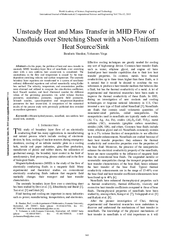 (PDF) Unsteady Heat and Mass Transfer in MHD Flow of Nanofluids over Stretching Sheet with a Non ...