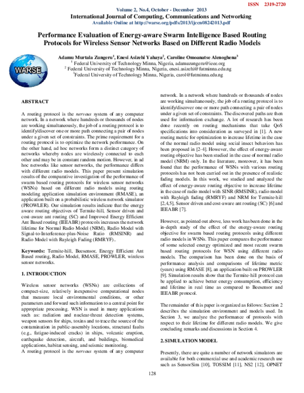 Pdf Performance Evaluation Of Energy Aware Swarm Intelligence Based Routing Protocols For