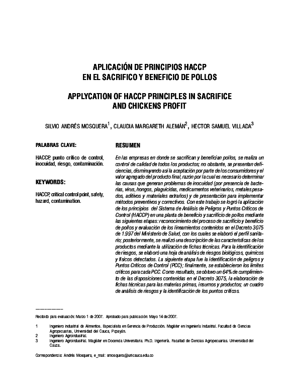 (PDF) APLICACIÓN DE PRINCIPIOS HACCP EN EL SACRIFICO Y BENEFICIO DE POLLOS APPLYCATION OF HACCP ...