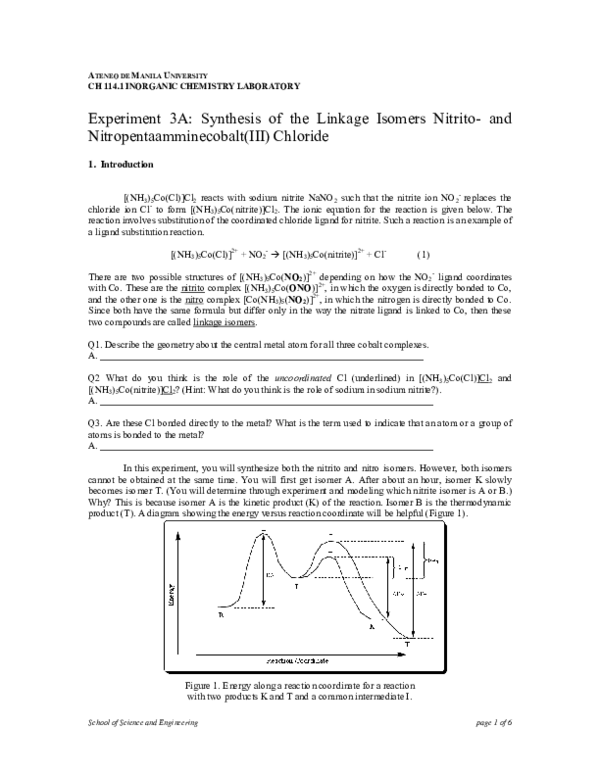 (PDF) Experiment 3A: Synthesis of the Linkage Isomers Nitrito-and ...