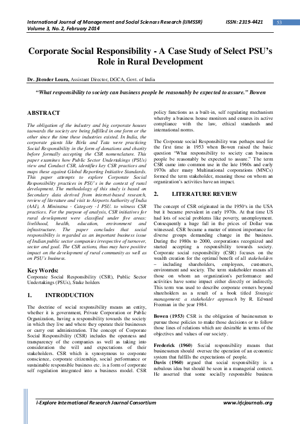 (PDF) Corporate Social Responsibility- A Case Study of Select PSUs role in Rural Development