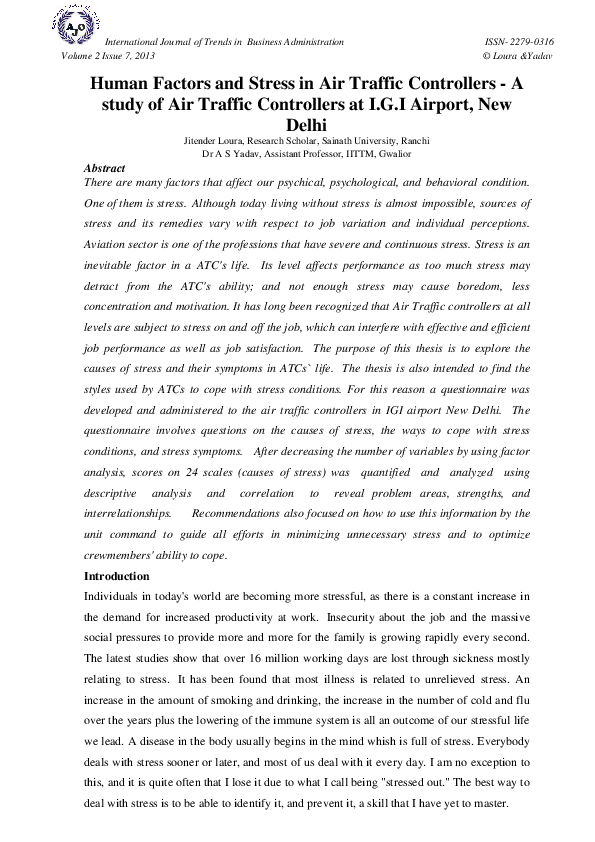 (PDF) Human Factors and Stress in Air Traffic Controllers- A study of ...