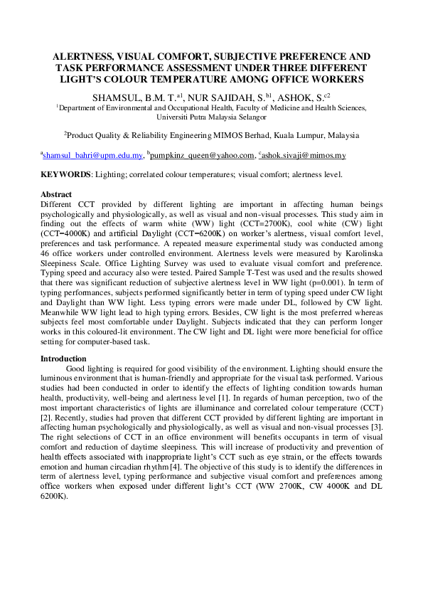 (PDF) ALERTNESS, VISUAL COMFORT, SUBJECTIVE PREFERENCE AND TASK ...