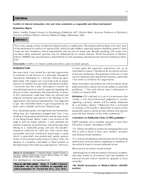 (PDF) Conflict of interest declaration why and what constitutes as ...