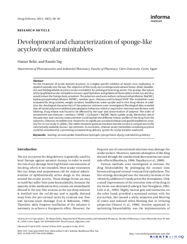 Pdf Development And Characterization Of Sponge Like Acyclovir Ocular Minitablets