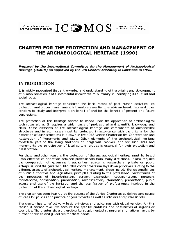 (PDF) ICOMOS, 1990. Charter for the Protection and Management of the ...