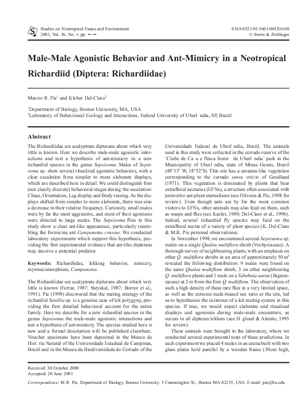 (PDF) Male-Male Agonistic Behavior and Ant-Mimicry in a Neotropical ...