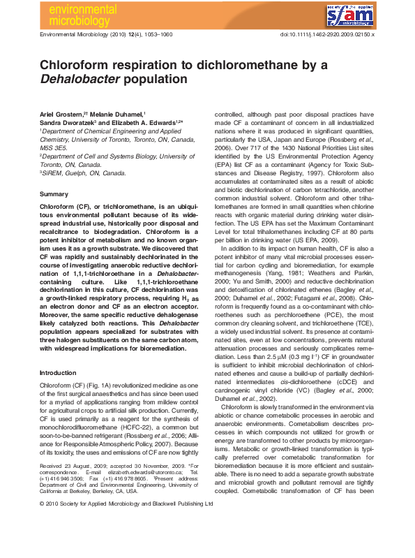(PDF) Chloroform respiration to dichloromethane by a Dehalobacter ...