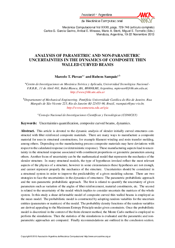 (PDF) ANALYSIS OF PARAMETRIC AND NON-PARAMETRIC UNCERTAINTIES IN THE DYNAMICS OF COMPOSITE THIN ...