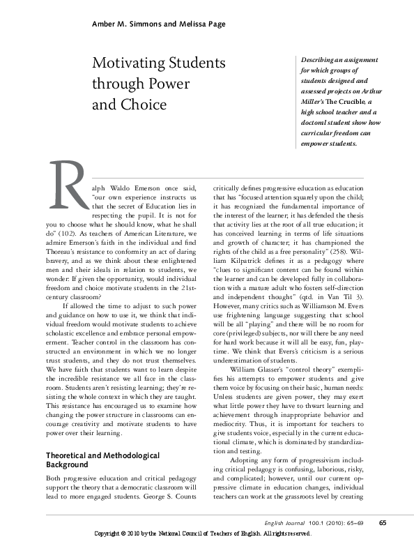 (PDF) Motivating Students through Power and Choice