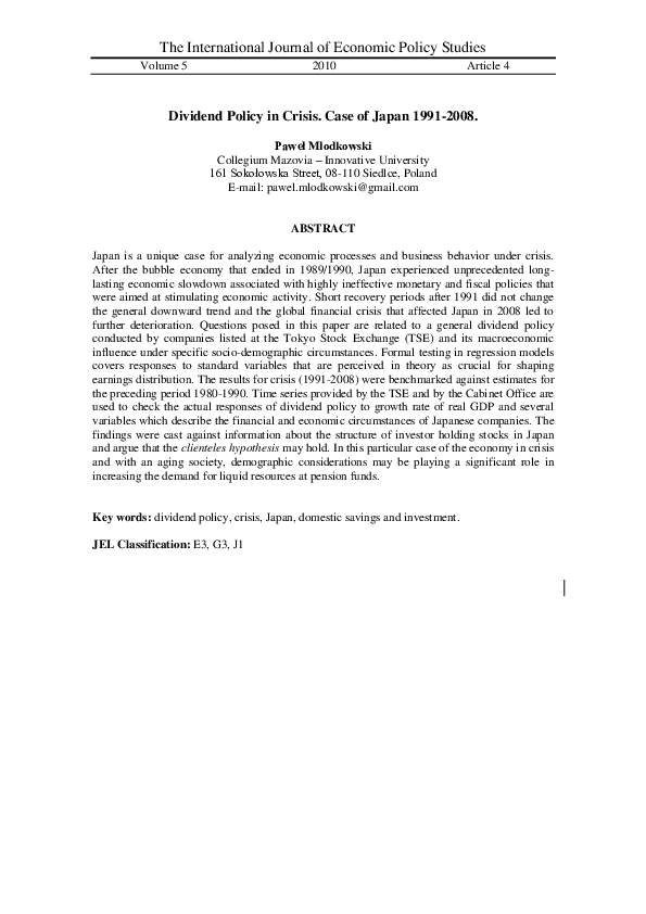 (PDF) The International Journal of Economic Policy Studies Dividend Policy in Crisis. Case of ...