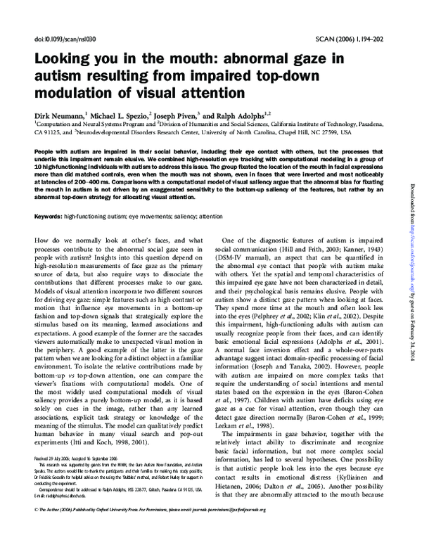 (PDF) Looking you in the mouth: abnormal gaze in autism resulting from ...