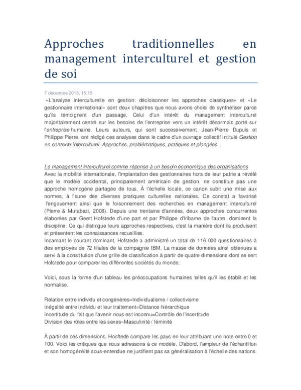 (PDF) Approches traditionnelles en management interculturel et gestion de soi