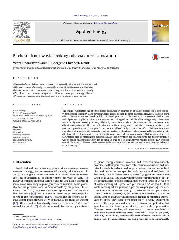 (PDF) Biodiesel from waste cooking oil via direct sonication