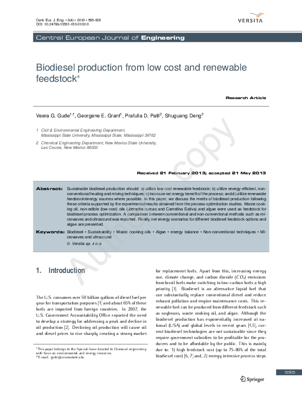(PDF) Biodiesel from low cost and renewable feedstock