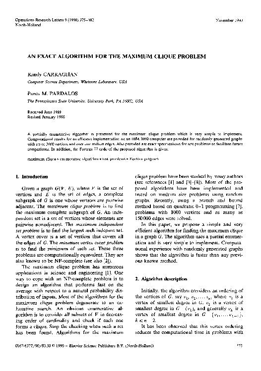 Pdf An Exact Algorithm For The Maximum Clique Problem