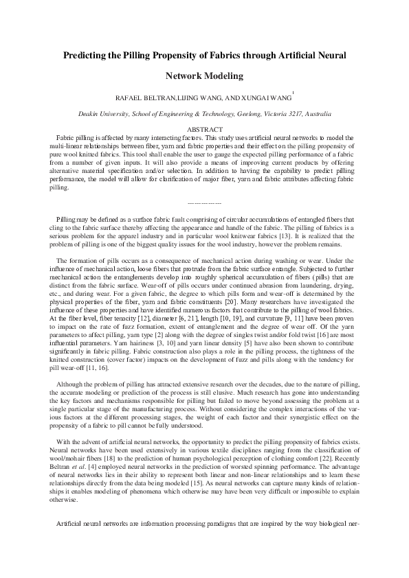 (PDF) Predicting the Pilling Propensity of Fabrics through Artificial Neural Network Modeling