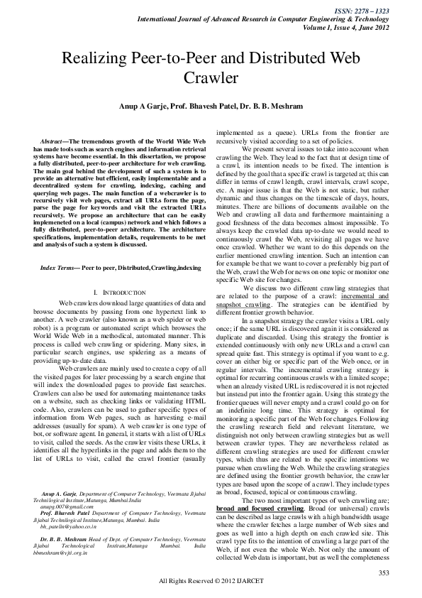 Pdf Realizing Peer To Peer And Distributed Web Crawler