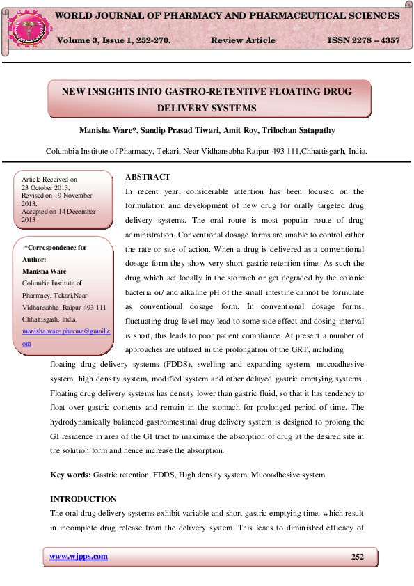 Pdf New Insights Into Gastro Retentive Floating Drug Delivery Systems